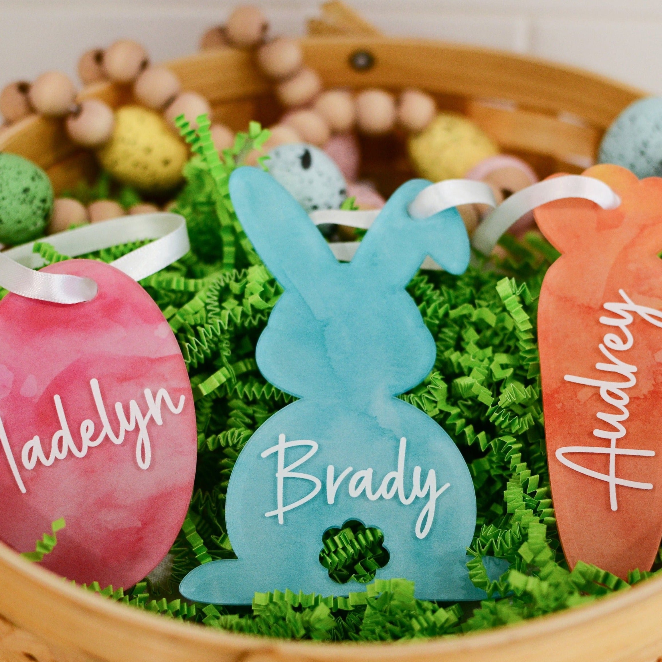 Personalized Acrylic Easter Tags | Custom Kid's Watercolor Easter Name ...